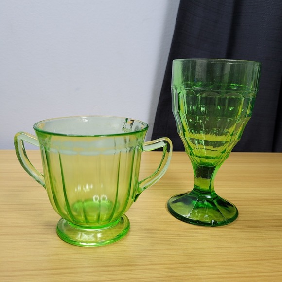 hazel | Dining | Hazel Atlas Colonial Block Green Glass Goblet Uranium ...